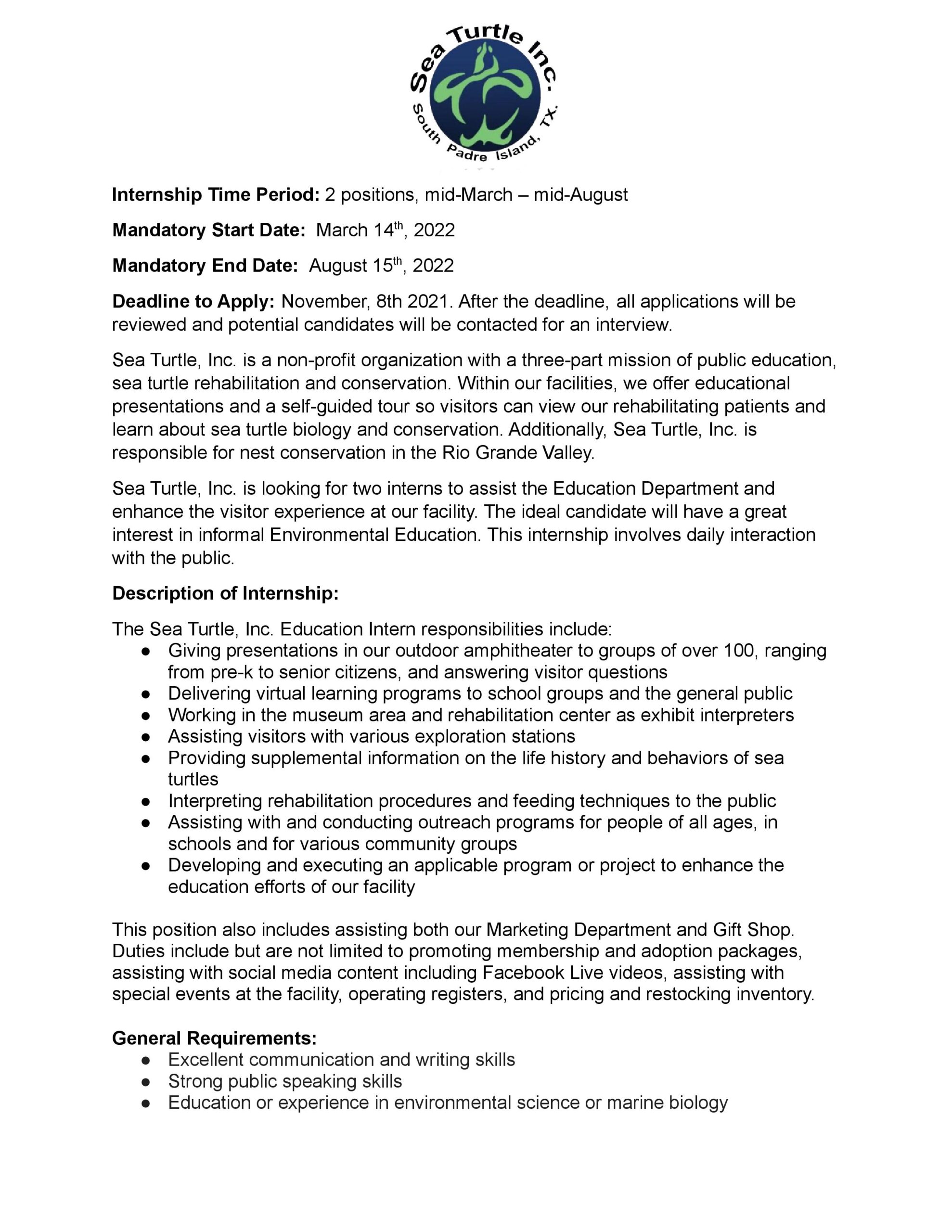 Education Intern Job post – Sea Turtle, Inc.